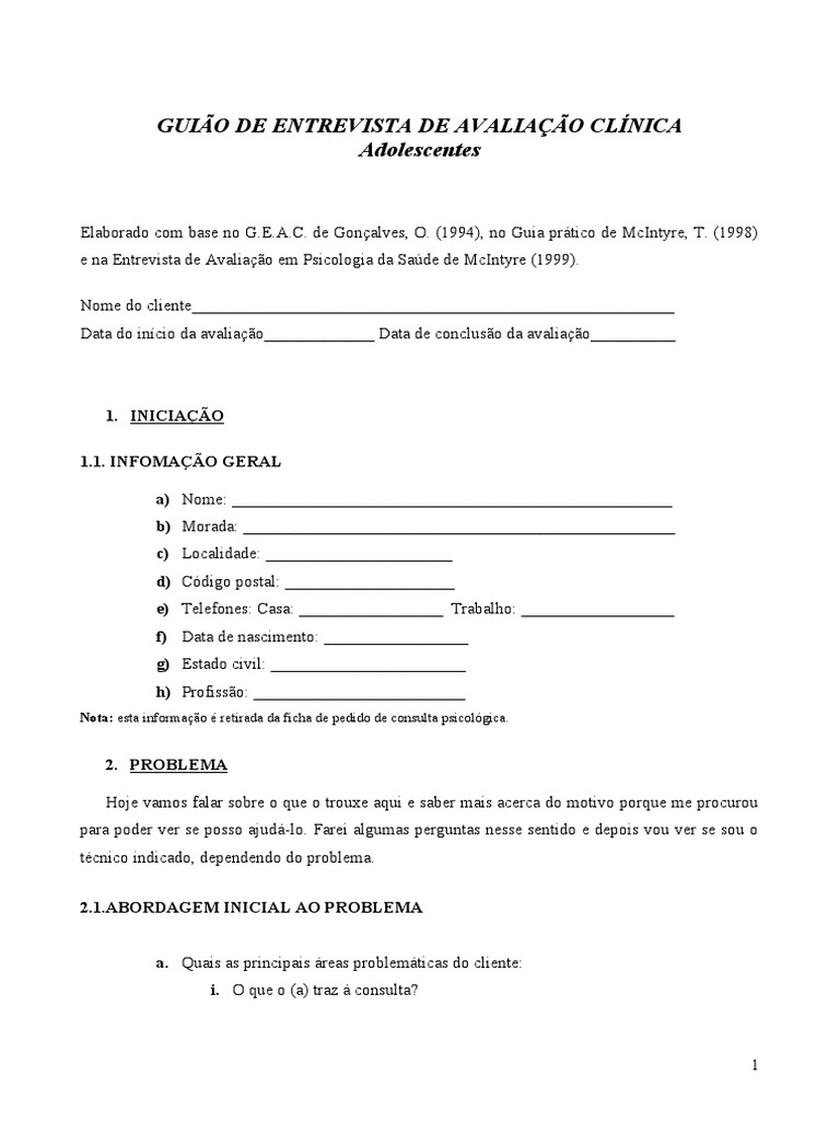Guião de Entrevista Clínica Adolescentes | PDF | Pensamento | Psicologia