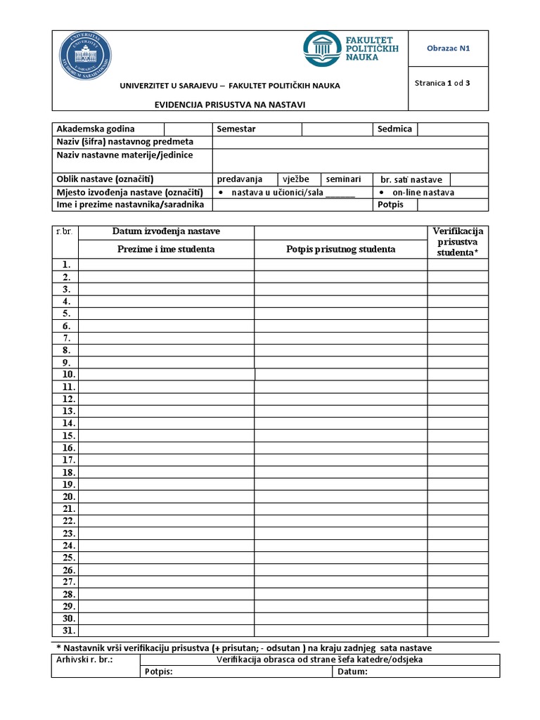 Obrazac - Evidencija Prisustva Na Nastavi | PDF