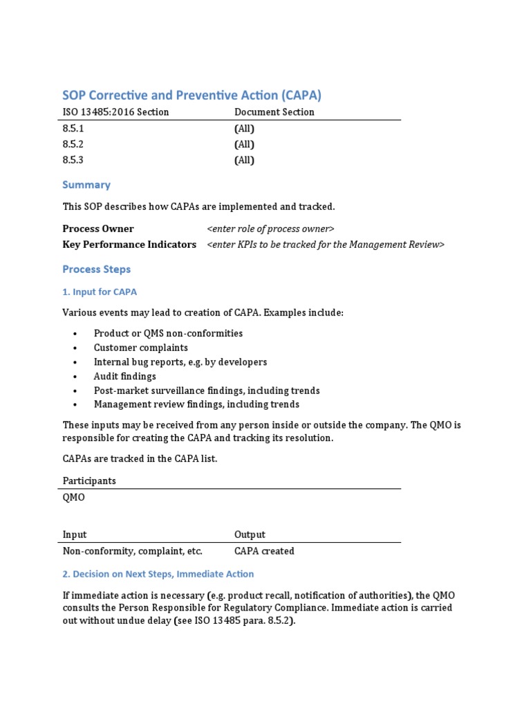 SOP Corrective and Preventive Action (CAPA) | PDF | Verification And ...