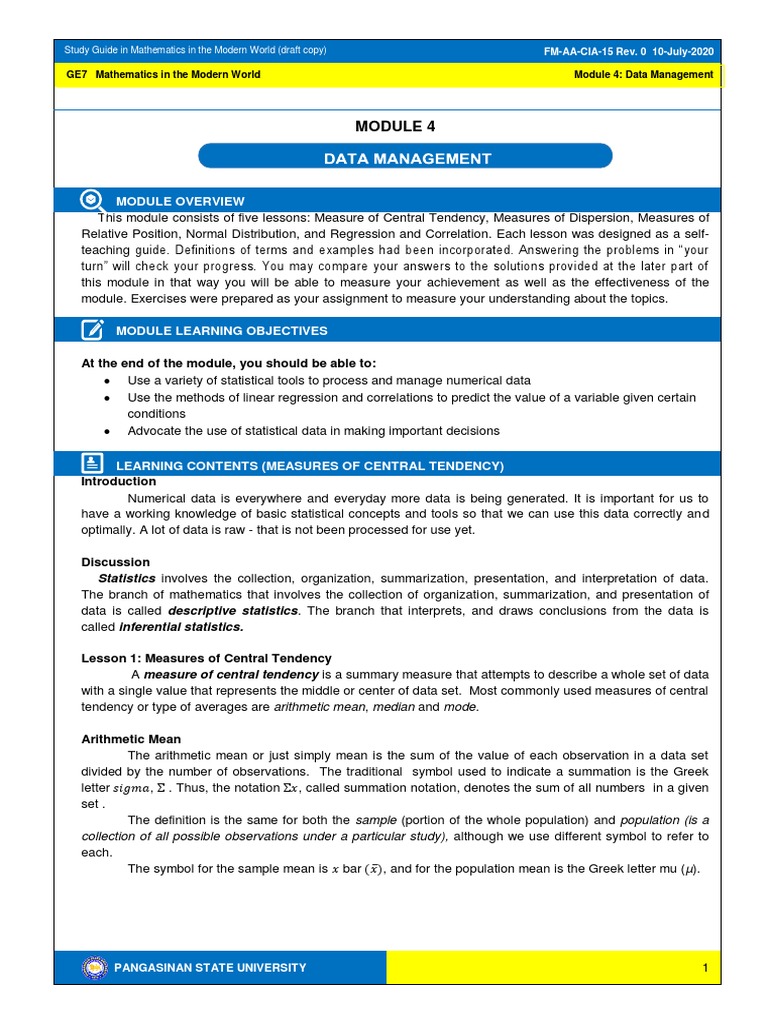 GE 7 Module 4 | PDF | Mean | Variance