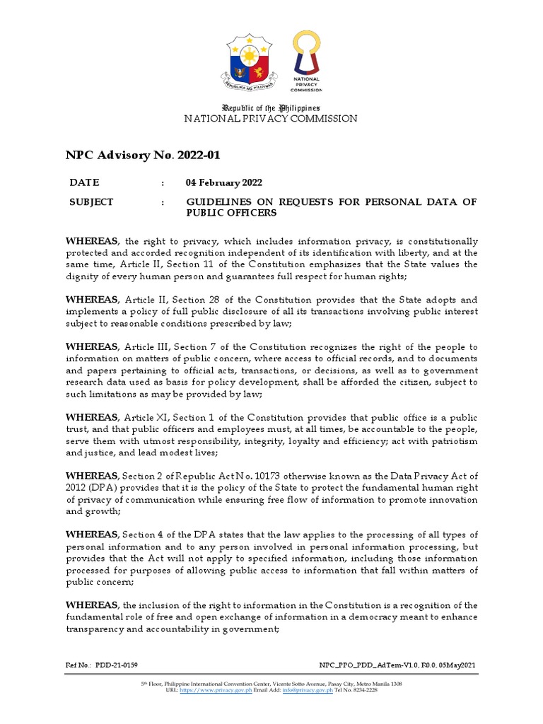 NPC Advisory No. 2022-01: Republic of The Philippines | PDF ...