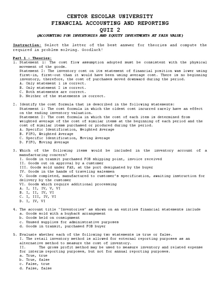Centor Escolar University Financial Accounting and Reporting Quiz 2 | PDF | Equity (Finance ...