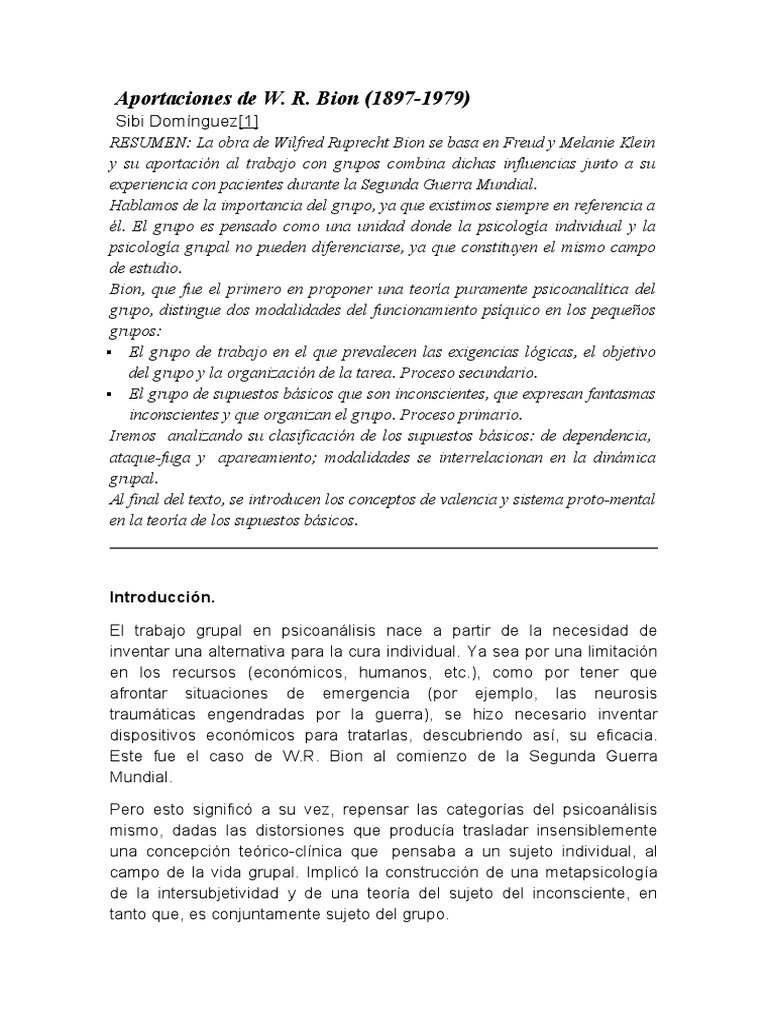 Aportaciones de WILFRED BION | PDF | Psicoanálisis | Mente inconsciente