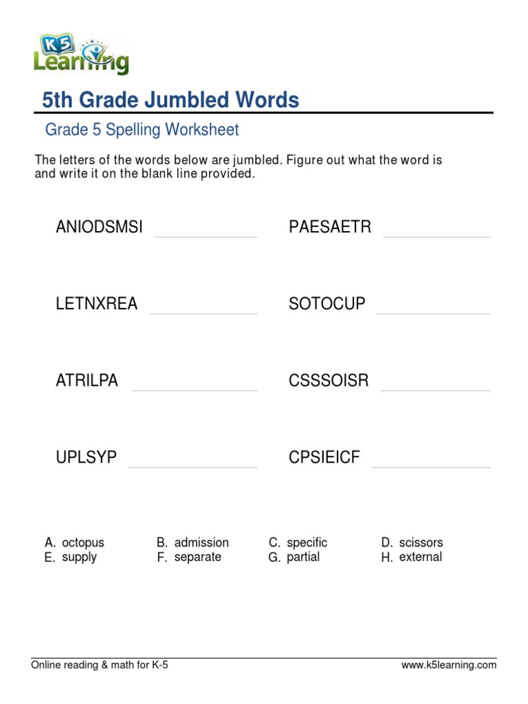 Grade 5 Jumbled Words 1 | PDF