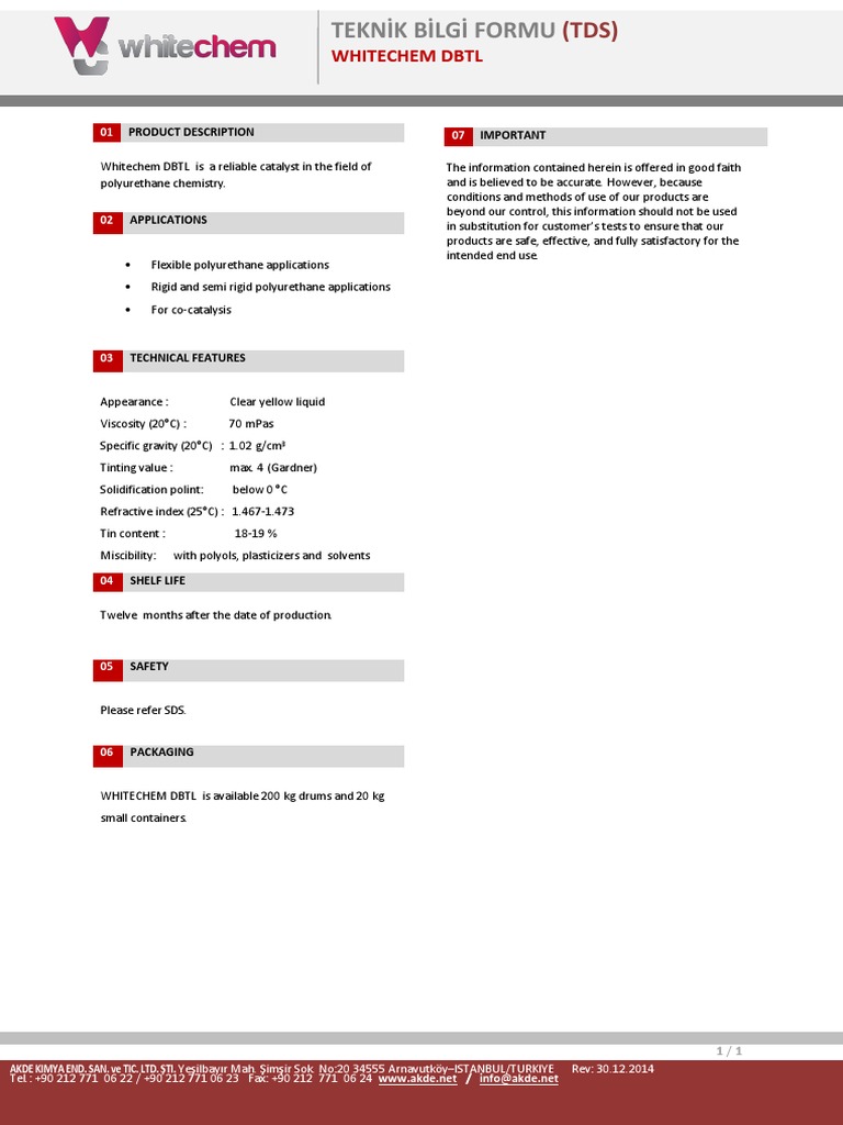 Whitechem DBTL Tds | PDF | Polyurethane | Chemical Substances