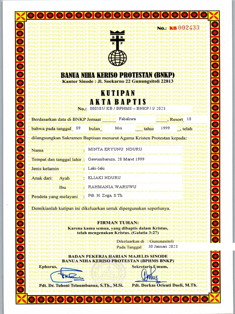 Form Kutipan Akta Baptis | PDF