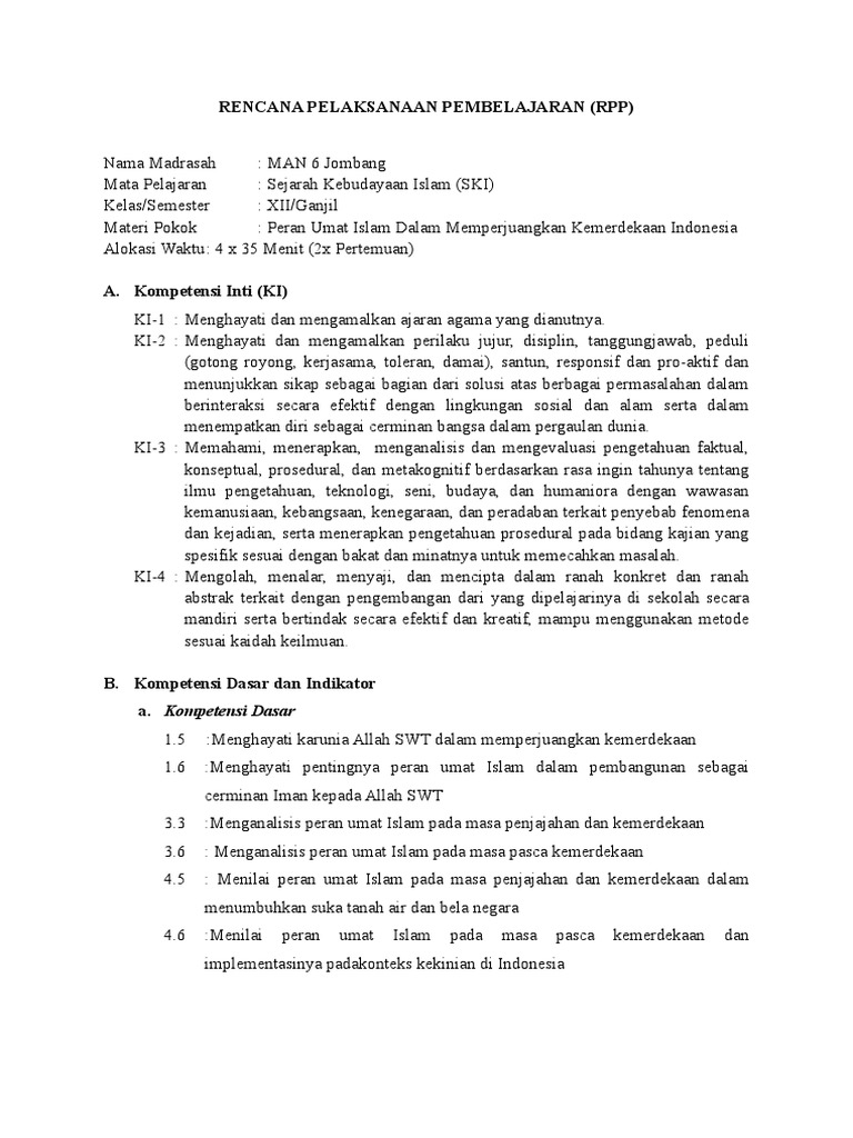 Oke RPP Bab 4 Peran Umat Islam Dalam Memperjuangkan Kemerdekaan Indonesia | PDF