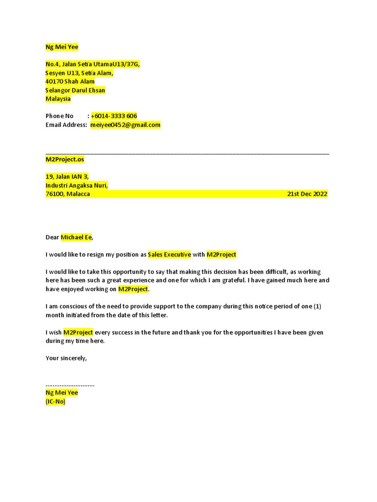 One Month Resignation Letter Sample | PDF | Business | Finance & Money ...
