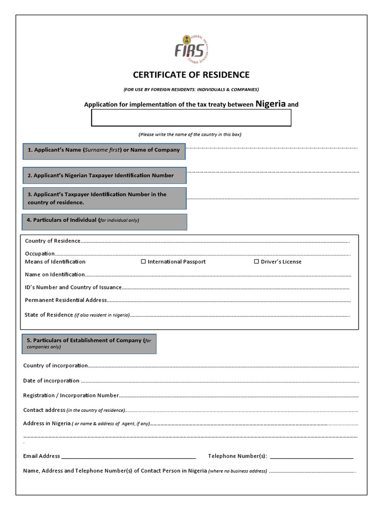 Certificate of Residence Nigeria: Application For Implementation of The ...