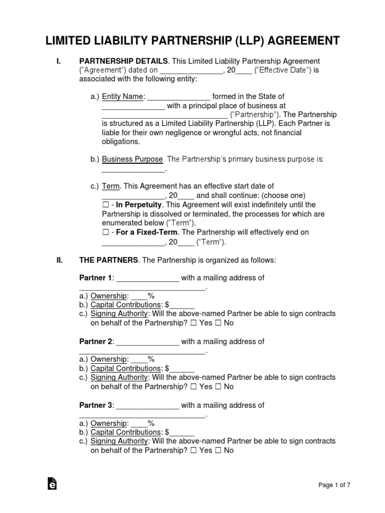 LLP Partnership Agreement Template | PDF | Partnership | Limited ...