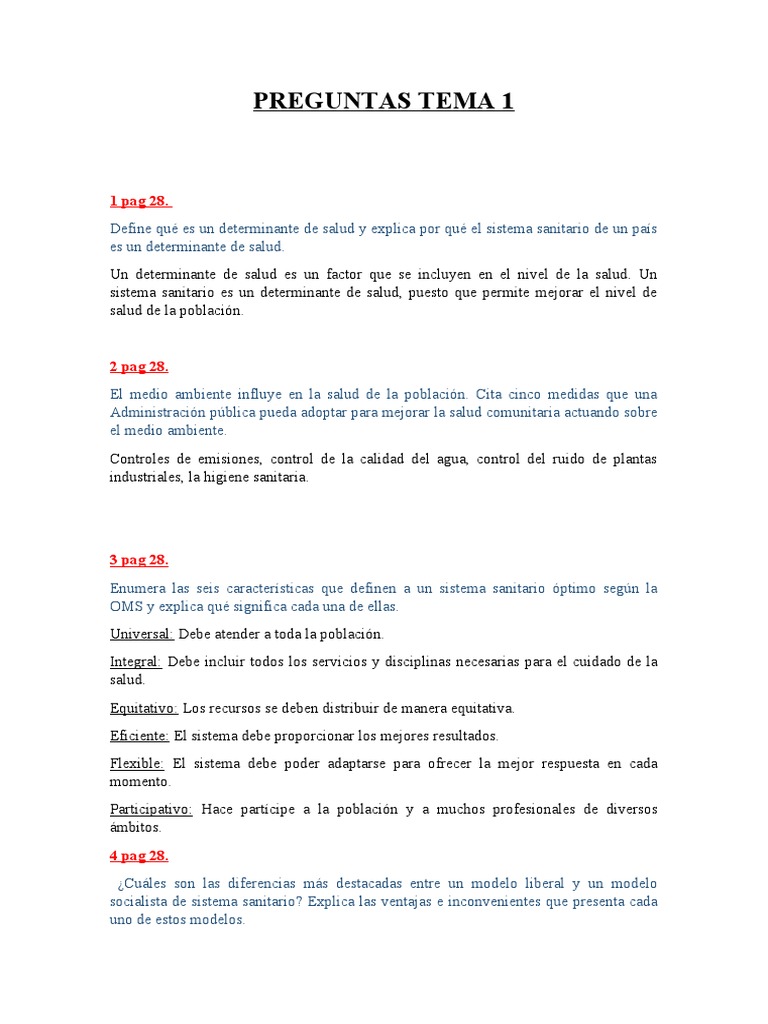 Preguntas Tema 1 | PDF | Cuidado de la salud