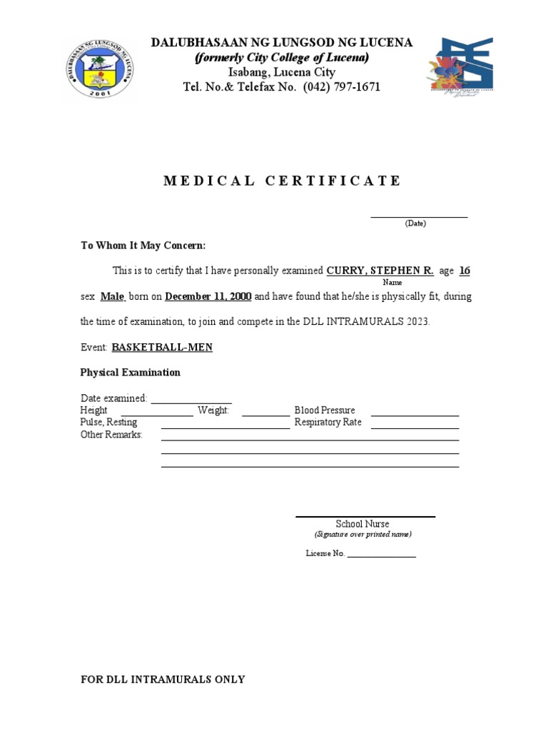 Medical Certificate: Dalubhasaan NG Lungsod NG Lucena | PDF