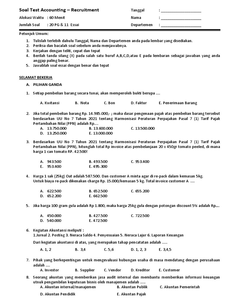Soal Test Accounting Recruitment | PDF