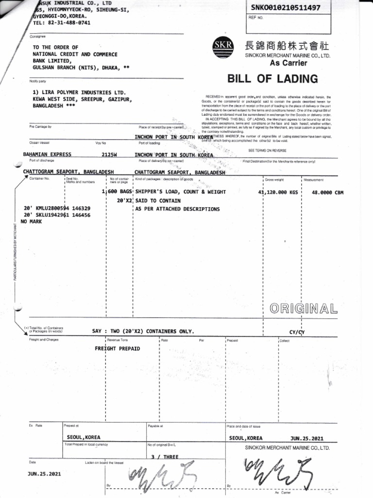 Dansuk Industrial Co LTD (Bill of Lading | PDF | Supply Chain Management | Business Documents