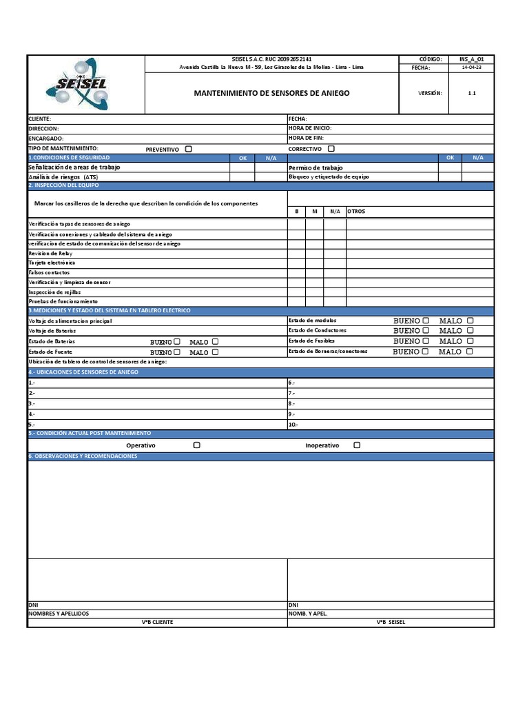 Formato Insp Sensor Aniego Seisel | PDF | Electrónica | Electricidad