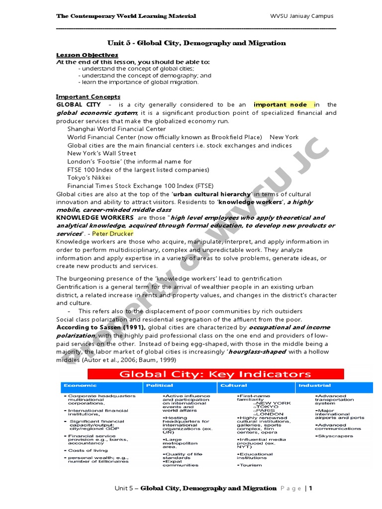 Unit 5 - Global City, Demography and Migration | PDF | Demography ...
