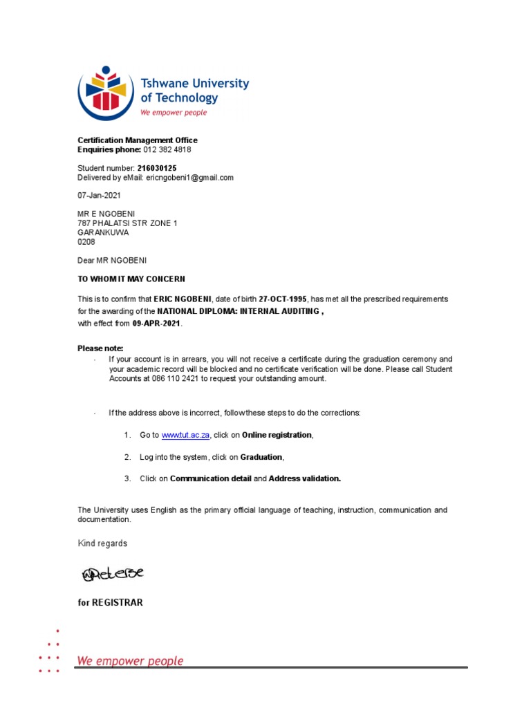 Letter of Completion Eric Ngobeni | PDF