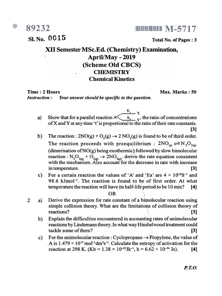 MSc Chemistry Exam: Chemical Kinetics | PDF | Chemical Reactions ...