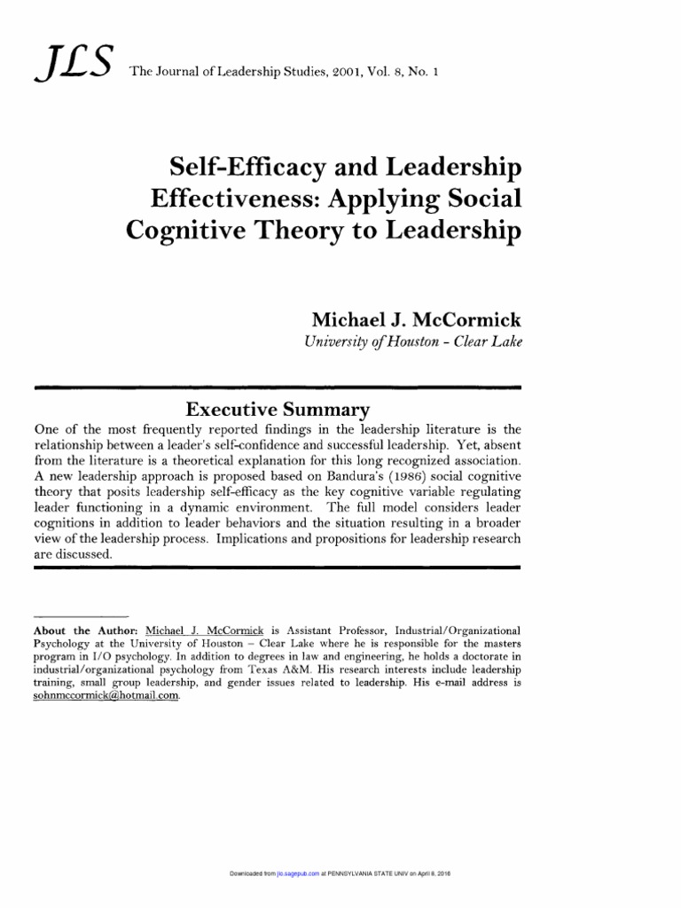 Applying Social Cognitive Theory to Develop a Model of Leadership Self ...