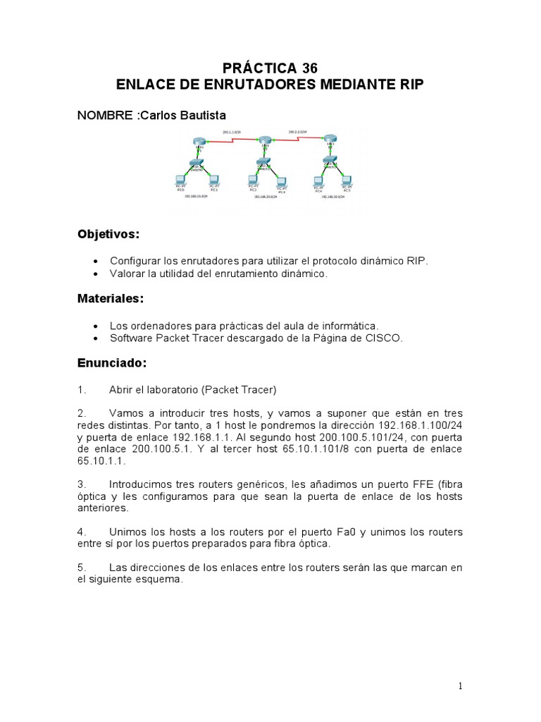 Práctica 36 Enlace de Enrutadores Mediante Rip: NOMBRE:Carlos Bautista | PDF