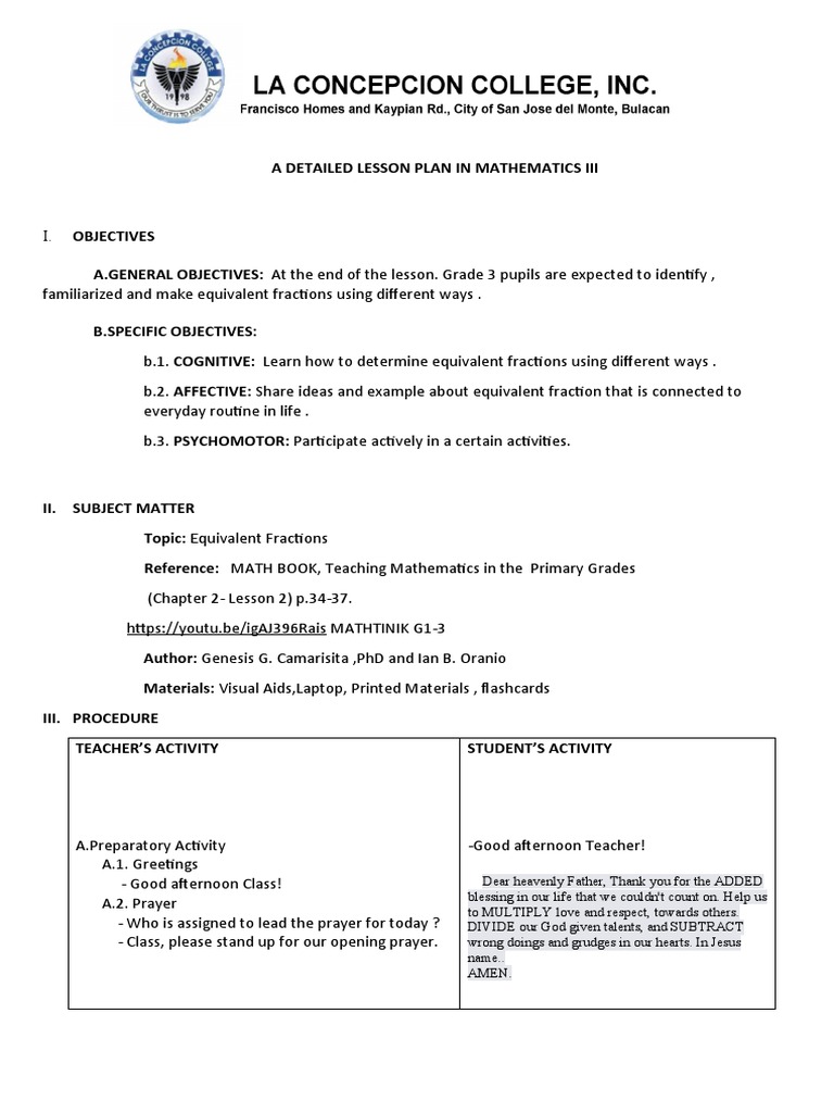 Equipment Fraction Detailed Lesson Plan | PDF