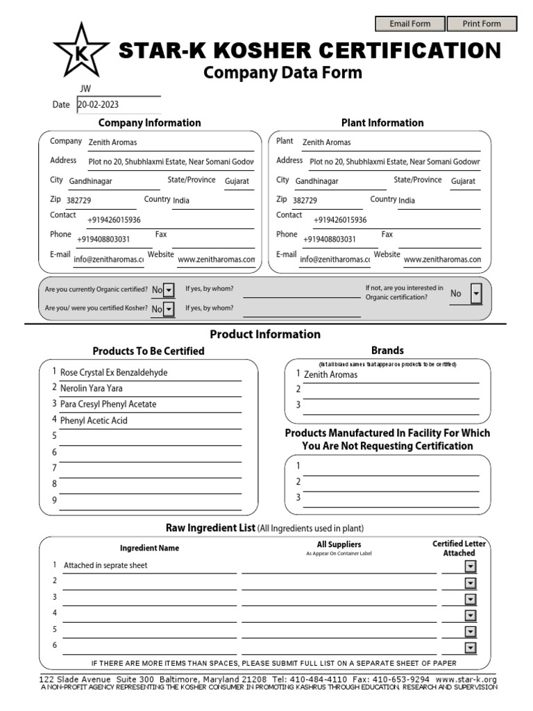 Star-K Kosher Certification: Company Data Form | PDF | Jewish Cuisine | Food Law