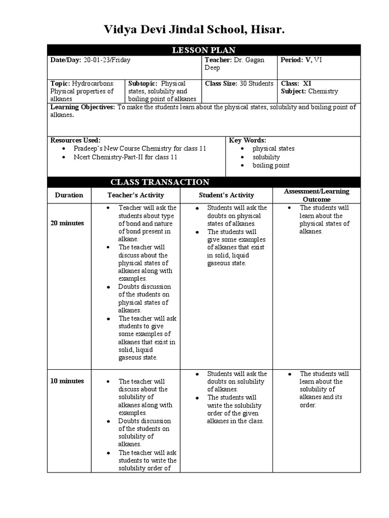 Lesson Plan 9 | PDF | Alkane | Learning