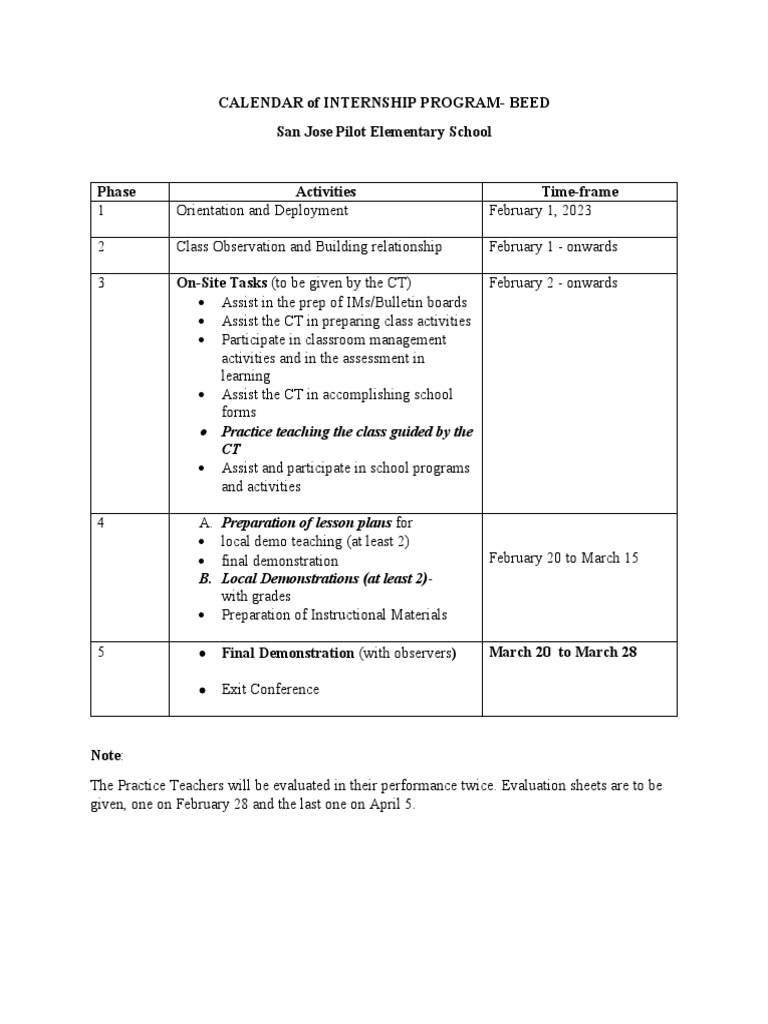 Calendar of Internship Program-Beed San Jose Pilot Elementary School | PDF