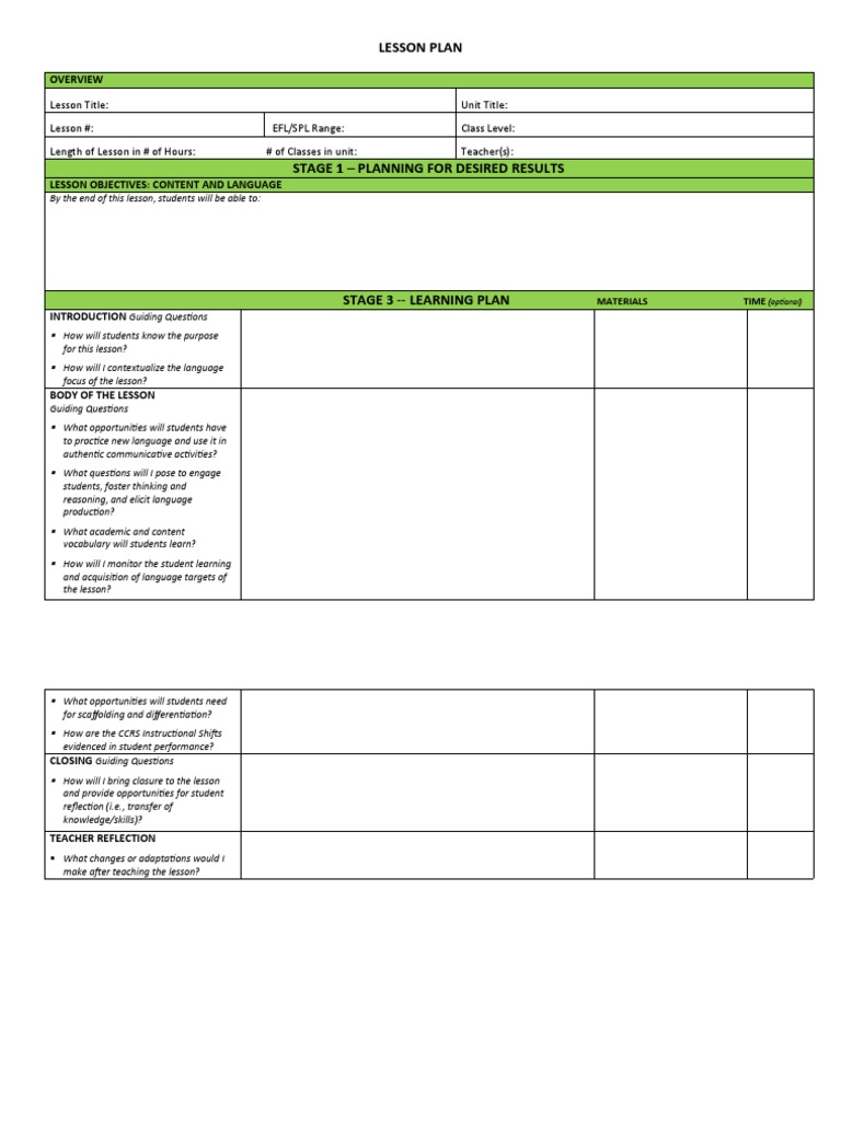 Esol Lesson Plan Template | PDF