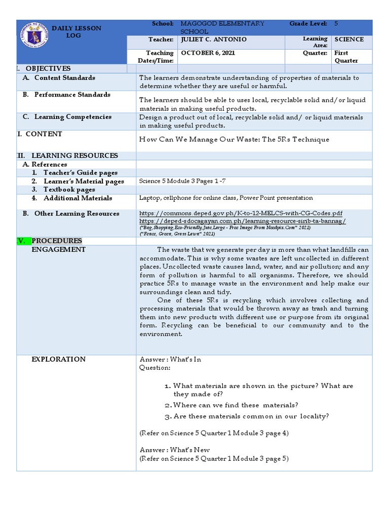 SCIENCE 5-Cot 5 Q1 2021 | PDF | Waste | Recycling