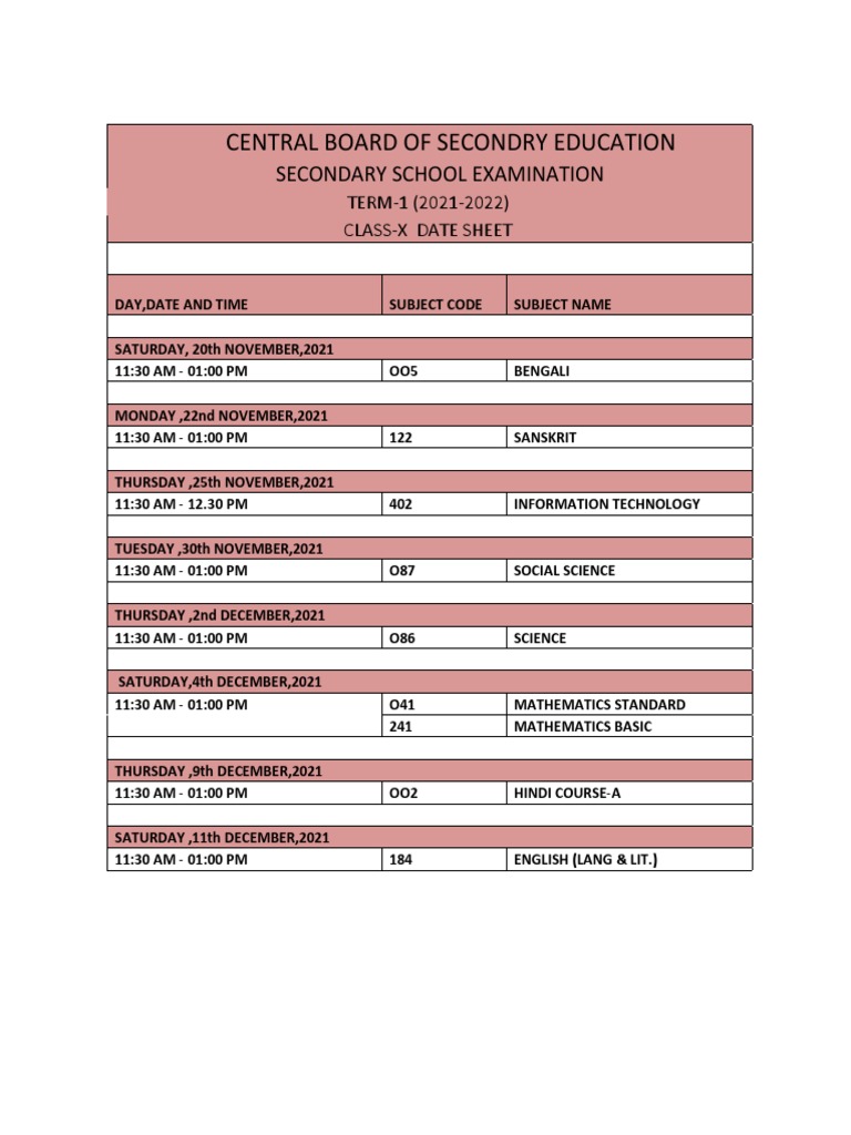 Cbse-Date Sheet-X Term 1 | PDF