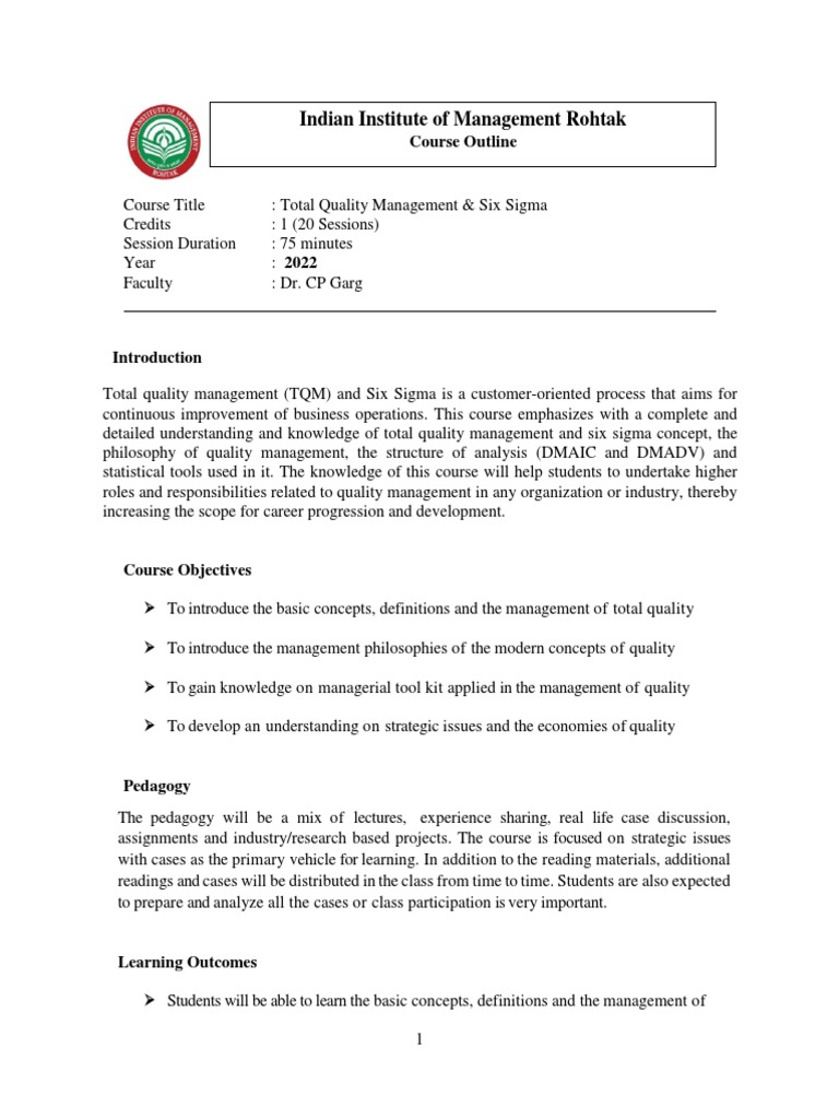 TQM and Six Sigma Course Overview | PDF | Six Sigma | Quality Management