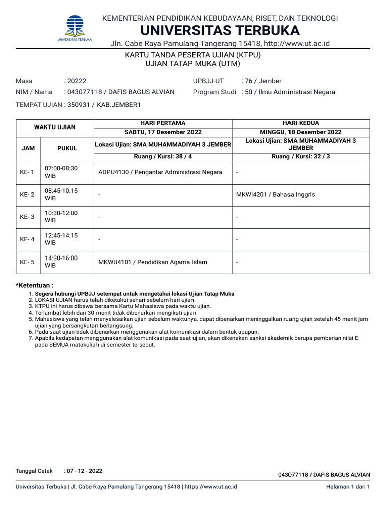 Universitas Terbuka: Kartu Tanda Peserta Ujian (Ktpu) Ujian Tatap Muka (Utm) | PDF
