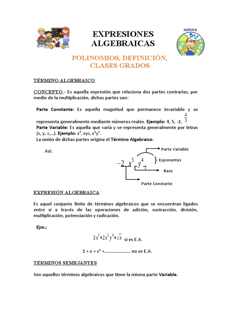 Expresiones Algebraicas: Polinomios, Definición, Clases Grados | PDF ...