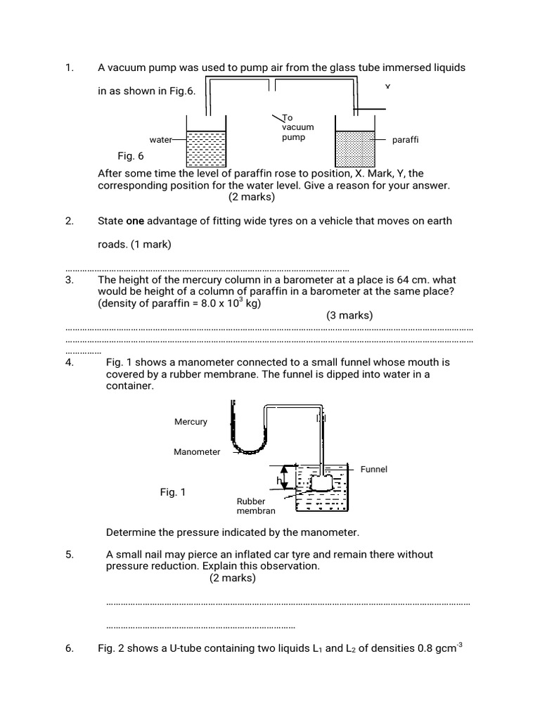 Form 1 Assignments, (Pressure) | PDF | Pressure | Pressure Measurement
