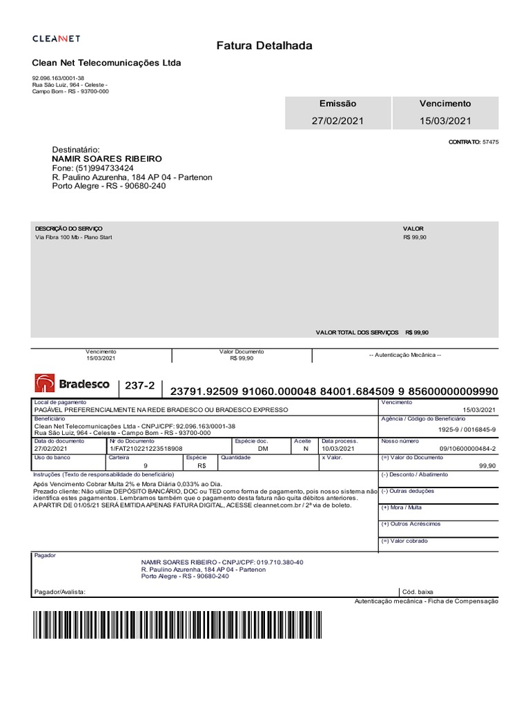 Fatura Detalhada Fatura Detalhada: Clean Net Telecomunicações Ltda ...