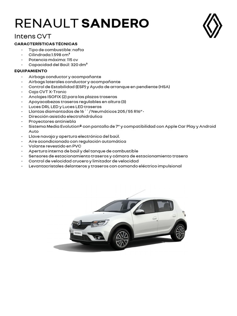 Ficha Técnica - Renault Sandero | PDF | Airbag | Sistema de freno antibloqueo