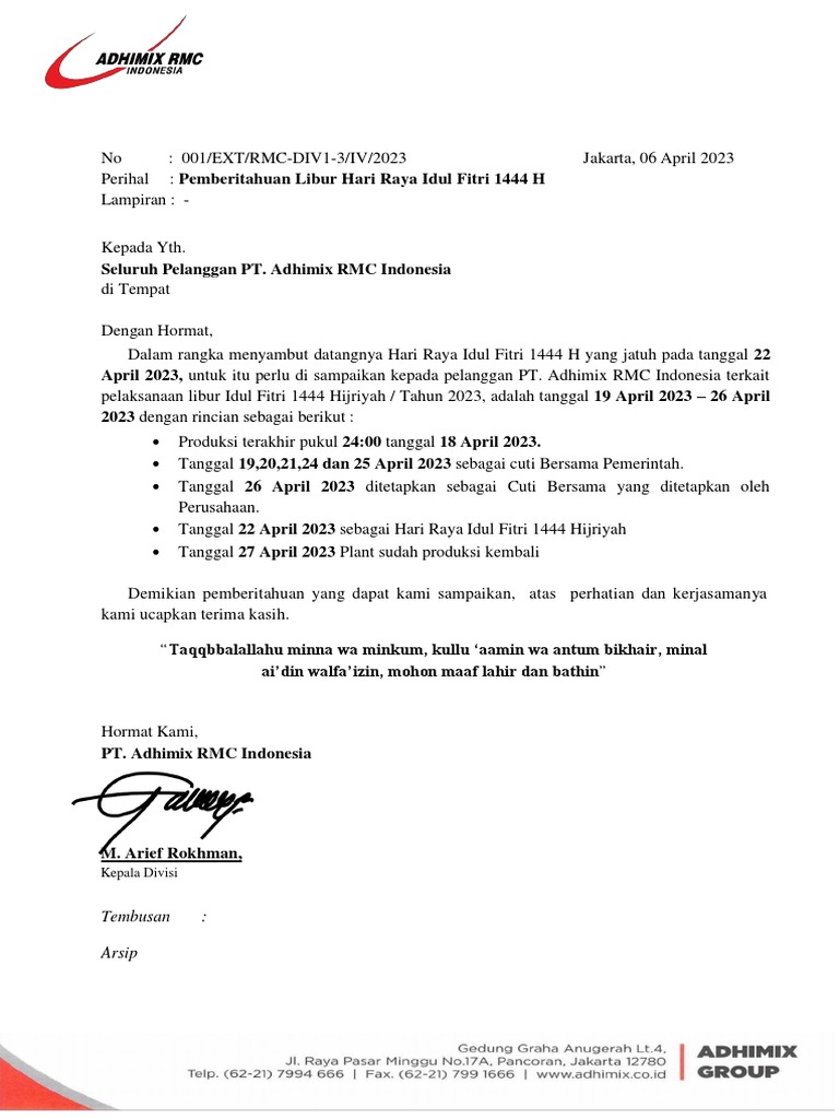 Surat Pemberitahuan Libur Hari Raya Idul Fitri | PDF Surat Pemberitahuan Libur Hari Raya Idul Fitri | PDF