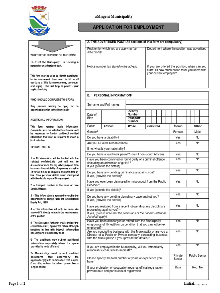 New Application Form For Umngeni Municipality | PDF | Criminal Record | Government