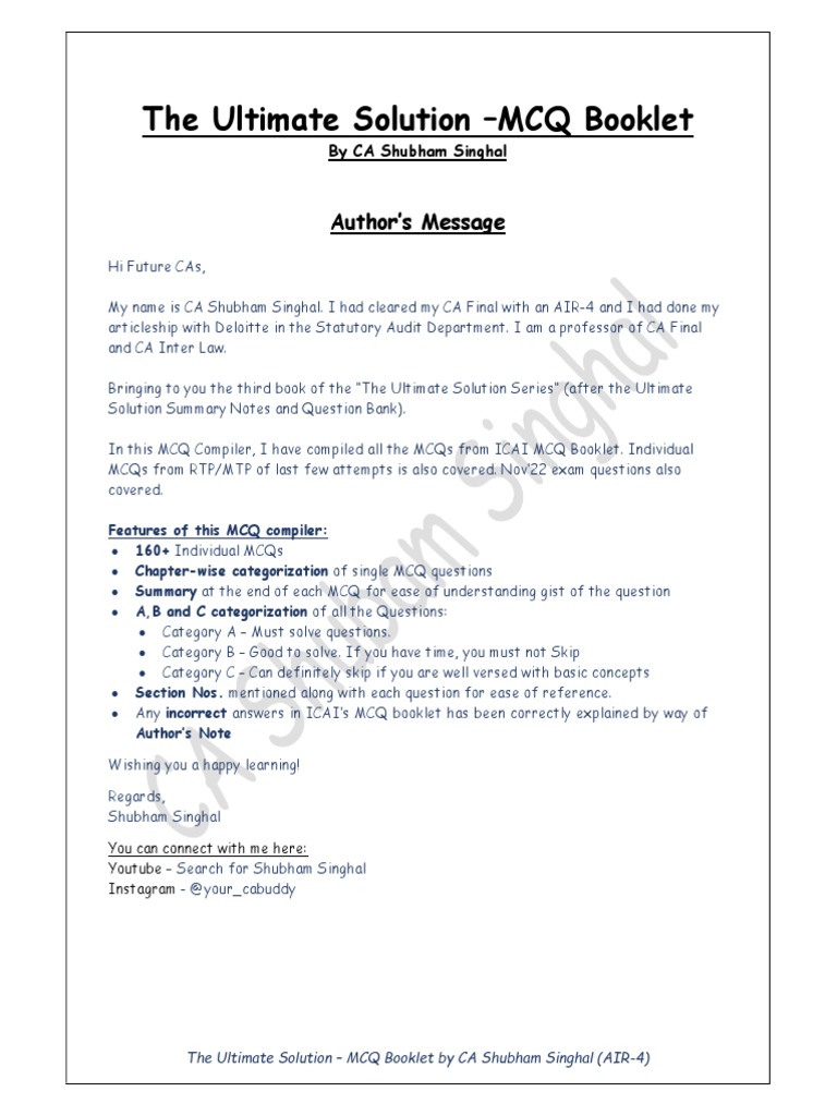 The Ultimate Solution - MCQ Booklet: Author's Message | PDF | Preferred ...