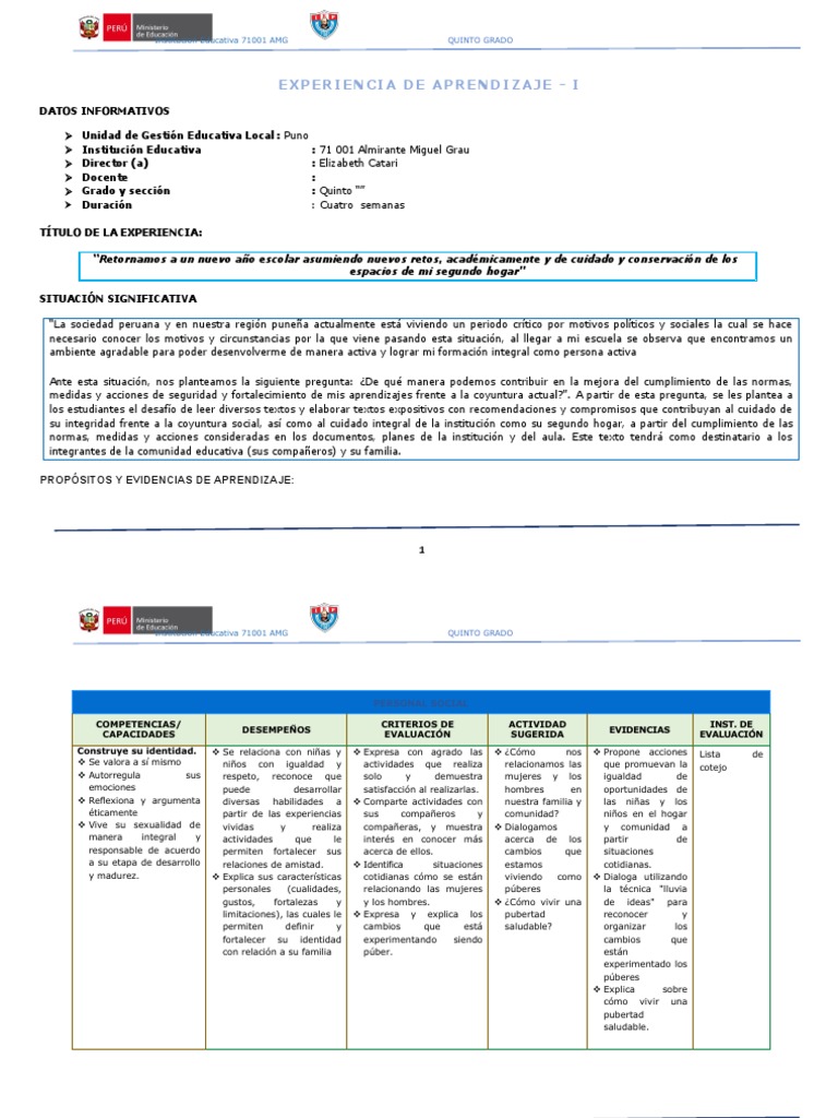 EXPERIENCIA DE APRENDIZAJE 1 Quinto Grado | PDF | Probabilidad | Evaluación