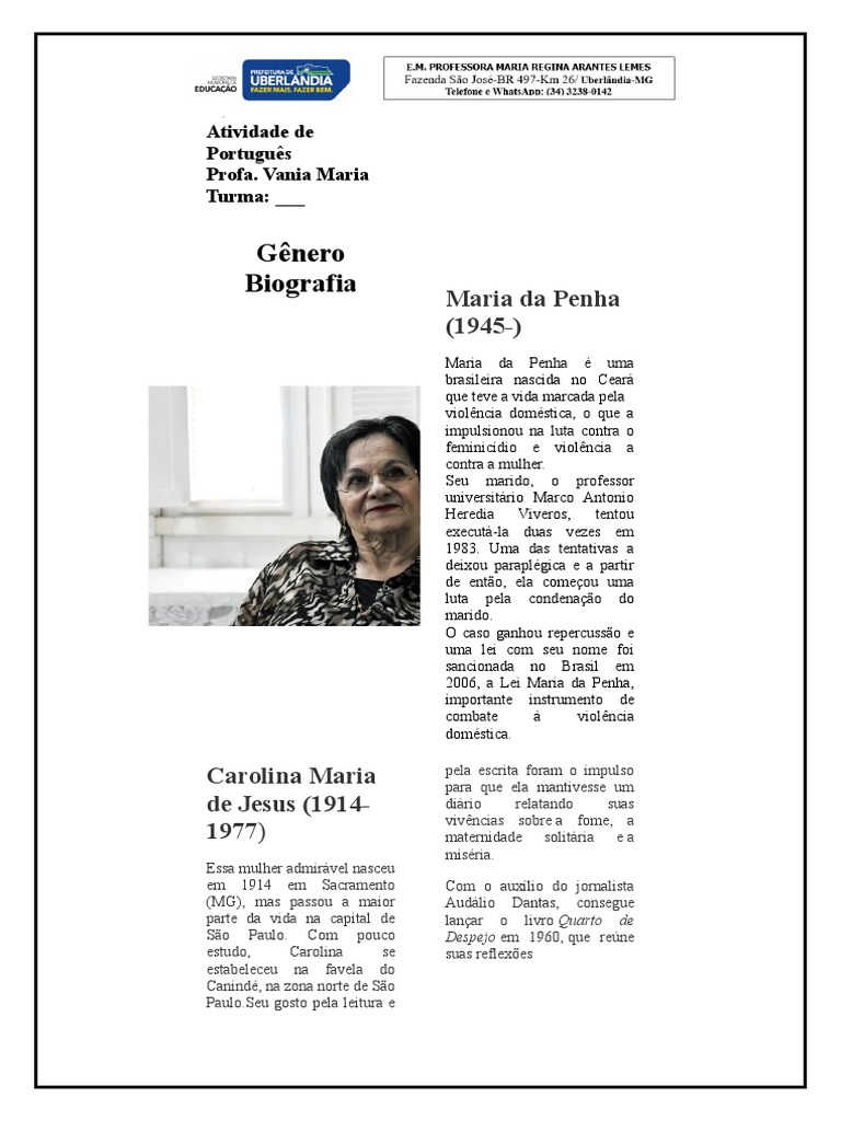 Gênero Biografia Mulheres Brasileiras | PDF