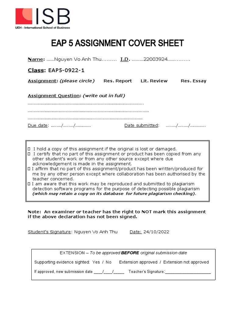 EAP5 Assignment Cover Sheet With UEH Logo - 09.2022 2 | PDF | Essays | Information