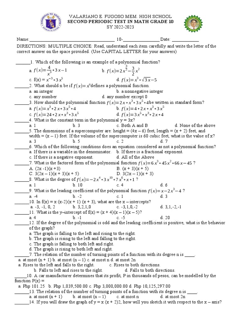 Grade 10 Math Periodic Test Guide | PDF | Circle | Angle