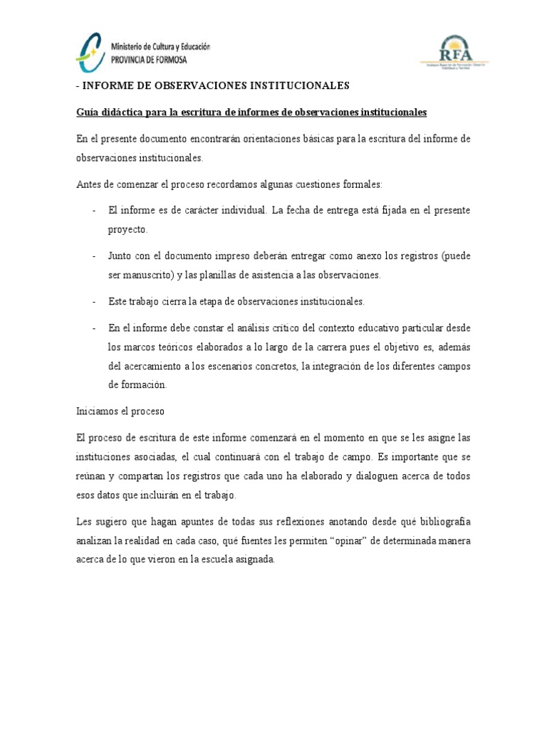 Informe de Observaciones Institucionales Guía Didáctica para La ...