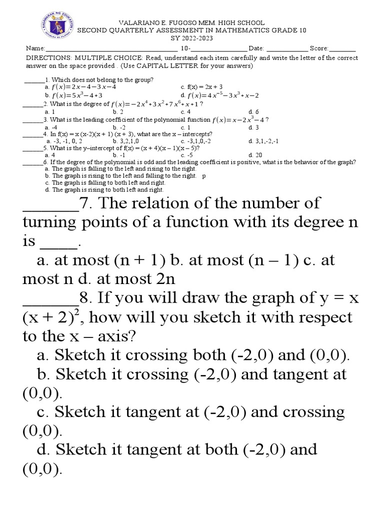 2nd Grading Summative Test Mathematics Grade 10 | PDF | Circle | Angle