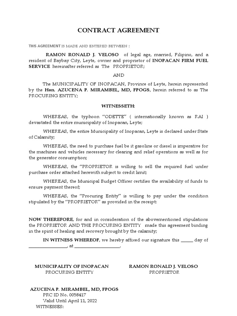 Inopacan Fuel Purchase Agreement | PDF | Civil Law (Legal System) | Justice