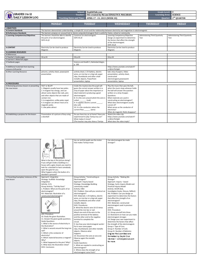 DLL - Science 5 - Q3 - W10 | PDF | Electricity | Magnet