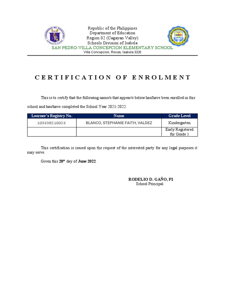 Certificate of Enrolment | Download Free PDF | Educational Stages | Social Institutions