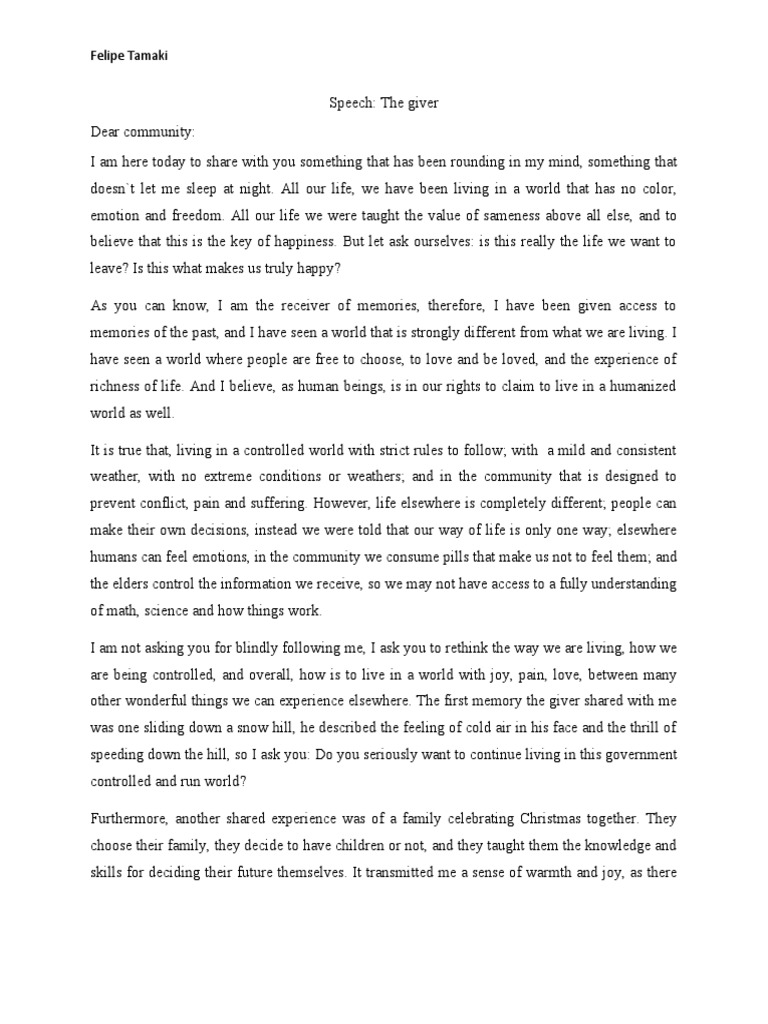 Speech The Giver | PDF | The Giver | Psychology